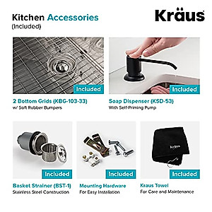 KRAUS 33-inch 16 Gauge Double Bowl 60/40 Standart PRO Kitchen Sink Combo Set with Matte Black Bolden 18-inch Kitchen Faucet and Soap Dispenser, KHU103-33-1610-53MB