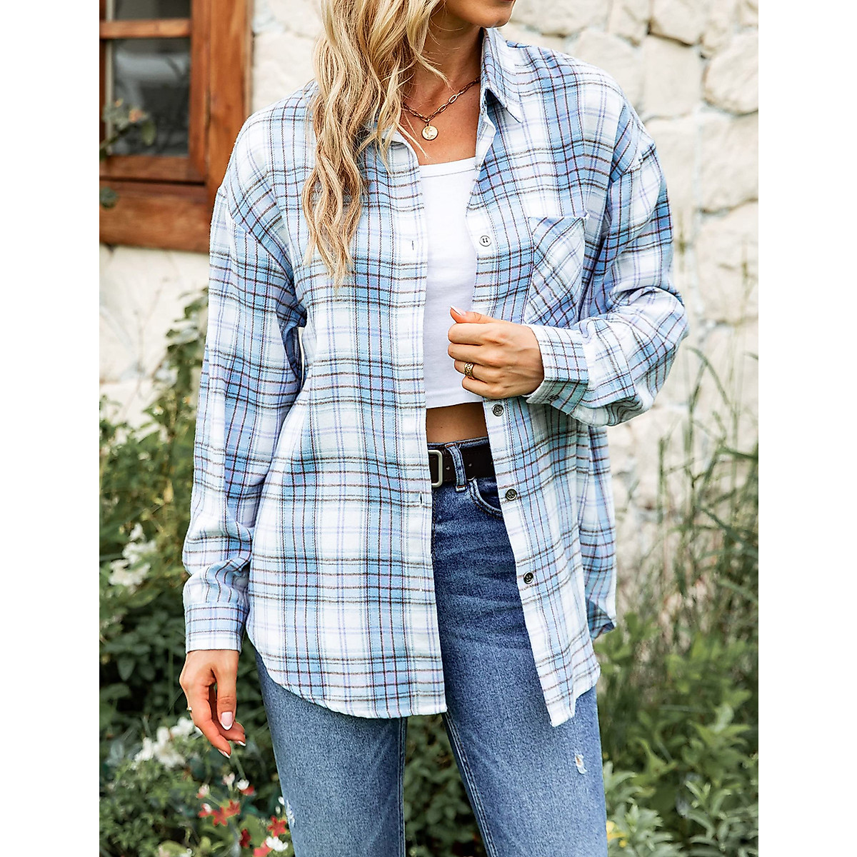 Megfie Oversized Womens Flannel Plaid Soft Flannel Button Down Shirt Roll Up Long Sleeve Flannel Plaid Shirt Blouses Women(0070-SkyBlue-L)