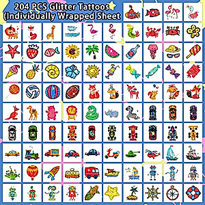 Partywind 204 Glitter Styles Individually Wrapped Sheets Kids Fake Tattoos, Birthday Gifts for Boys and Girls Party Supplies Favors, Waterproof Tattoo Stickers for Goodie Bag Stuffers