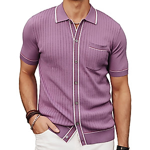 Mens Short Sleeve Knit Shirt Vintage Button Down Golf Polo Shirt Purple S