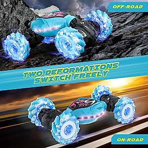 OSIMILY Remote Control Car,2.4GHz LED Gesture Sensing RC Stunt Car,4WD Double Sided Rotation RC Car with Lights and Music,All Terrain Rotation Drift Car Birthday Gifts for Boys Girls (Blue)