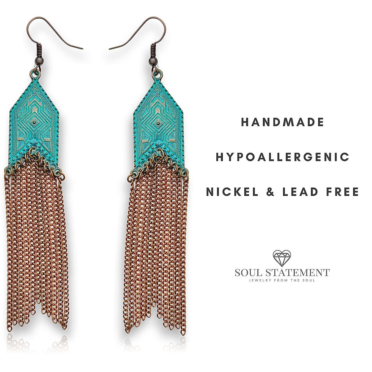 Soul Statement Western Jewelry for Women: Nashville Boho Earrings, Teal Copper & Long Bronze Tassel Chains, Country Concert and Festival Accessories