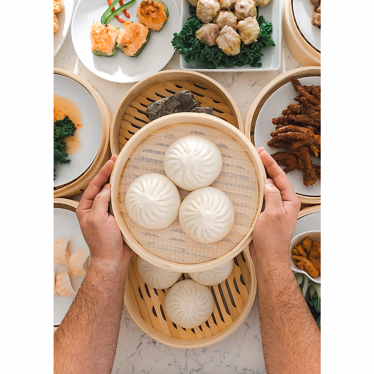 Chok Dee Goods Bamboo Steamer Premium Set, Stainless Steel Cooking Ring Included, 1 10" 2 Tier Basket, 1 Stainless Steel Cooking Ring, 4 Sets of Chopsticks, 4 Reusable Silicone Liners, 2 Sauce Dishes