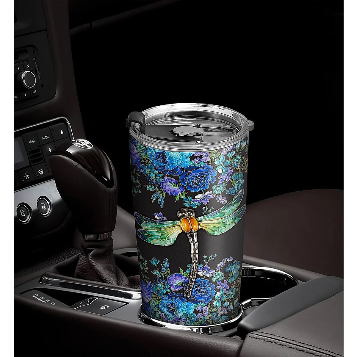 64HYDRO 20oz Dragonfly Gifts for Women, Valentines Day Gifts for Her, Coffee Thermos, Coffee Gifts for Women, Inspirational Blue Flower Dragonfly Tumbler Cup, Insulated Travel Coffee Mug with Lid