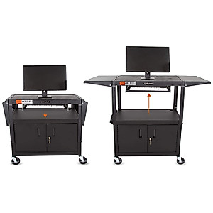 Line Leader Large AV Cart with Locking Cabinet & Drop Leaves, Rolling Height Adjustable Utility Cart with Pullout Laptop Keyboard Tray & Cord Management, Narrow Mobile Workstation (Black, 54 x 18)