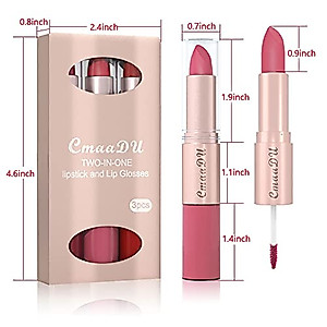 evpct 2 In 1 Deep Red Matte Lipstick & Long Lasting Smudge Proof Liquid Lipstick Lip Gloss Stain 3Pcs Set for Women Red Rose Nude Pink Matte Mate Vegan Long Lasting Lipstick 24 Hour Pack Waterproof 3
