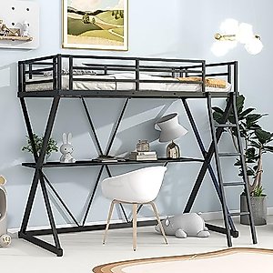 DEYOBED Twin Size Metal Loft Bed with Desk, X-Shaped Frame, Ladder, and Guardrails, Space-Saving Kids' Bedroom Furniture, Black