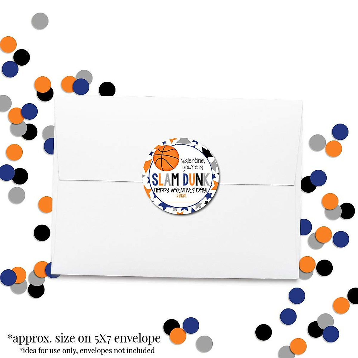 Slam Dunk Basketball Valentine Party Favor Sticker Labels for Boys, 40 2" Party Circle Stickers by AmandaCreation, Great for Classroom Valentines, Envelope Seals, Gifts & Treats
