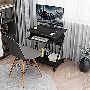 ALISENED Computer Desk for Small Spaces,23.6" Z-Shaped Compact Study Table with Smooth Keyboard Tray,with Wheels and Bottom Shelves for Home Office，Computer Cart Mobile Laptop Cart