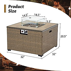 Kinsunny 32 inch Propane Fire Pit - Outdoor Patio Square PE Rattan Wicker Gas Fire Table(40,000 BTU),with Free Lava Rocks & Glass Wind Guard for Garden, Lawn