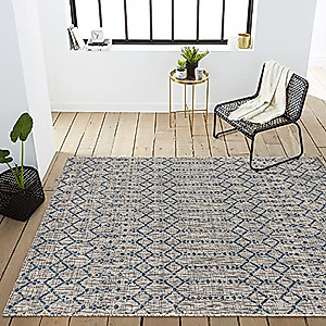 JONATHAN Y SMB108A-3 Ourika Moroccan Geometric Textured Weave Indoor Outdoor Area Rug, Bohemian, Rustic, Scandinavian Easy Cleaning,Bedroom,Kitchen,Backyard,Patio,Non Shedding, Light Gray/Navy, 3 X 5