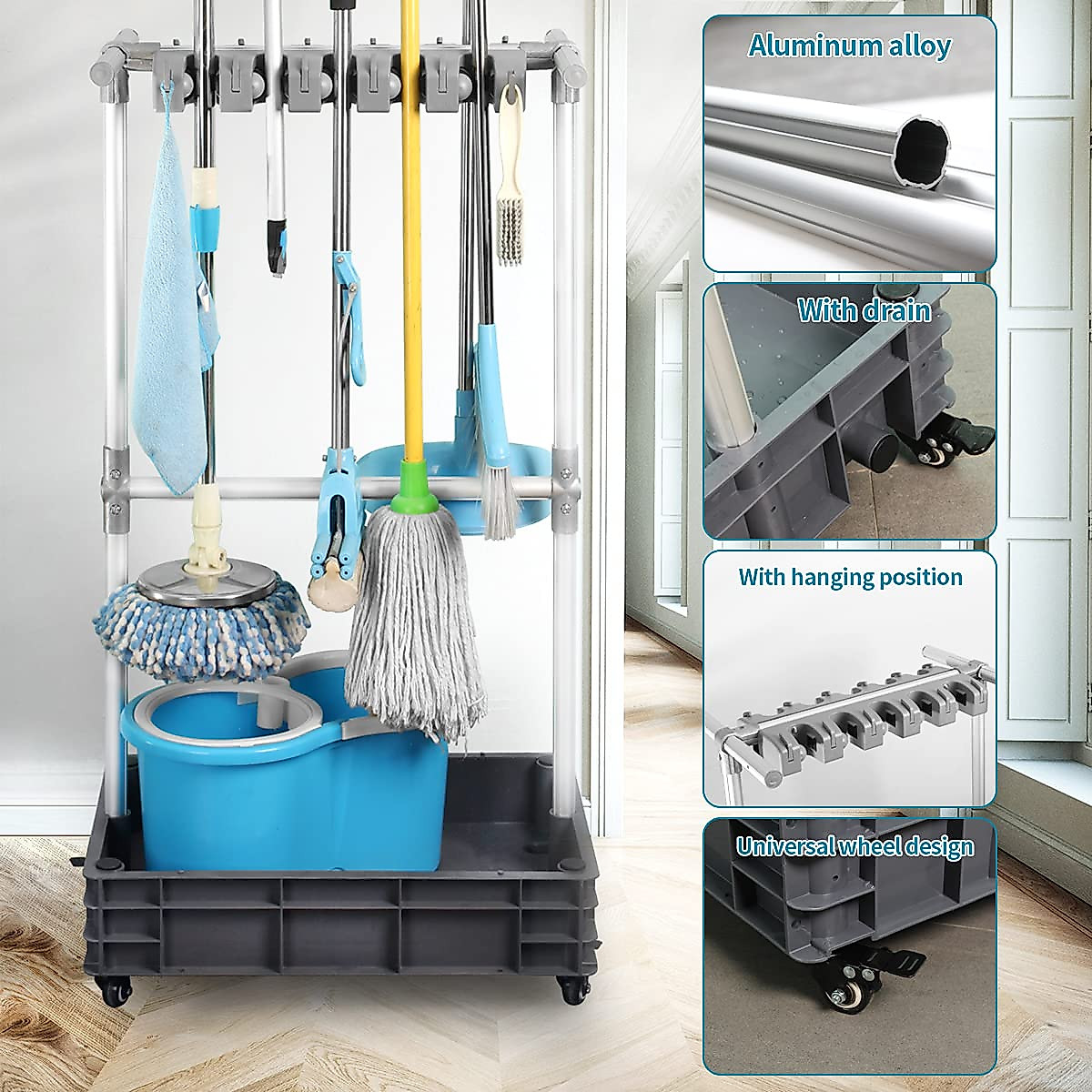 QTJH Broom And Mop Holder Put Wet Mops Movable Floor-Mounted Mop Rack Floor Standing Cleaning Tool Cart Storage For Garden Garage Schools, Hospitals, Factories, Hotels,Property Companies (12racks)