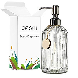 JASAI 18 Oz Clear Glass Soap Dispenser with Rust Proof Stainless Steel Pump, Refillable Liquid Hand Soap Dispenser for Bathroom, Premium Kitchen Soap Dispenser (Clear).