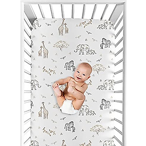 Sweet Jojo Designs Jungle Safari Animals Boy Girl Fitted Crib Sheet Baby Toddler Nursery Brown Taupe Black and White Gender Neutral Animal Elephant Giraffe Wildlife Adventure Zebra Elephants Serengeti