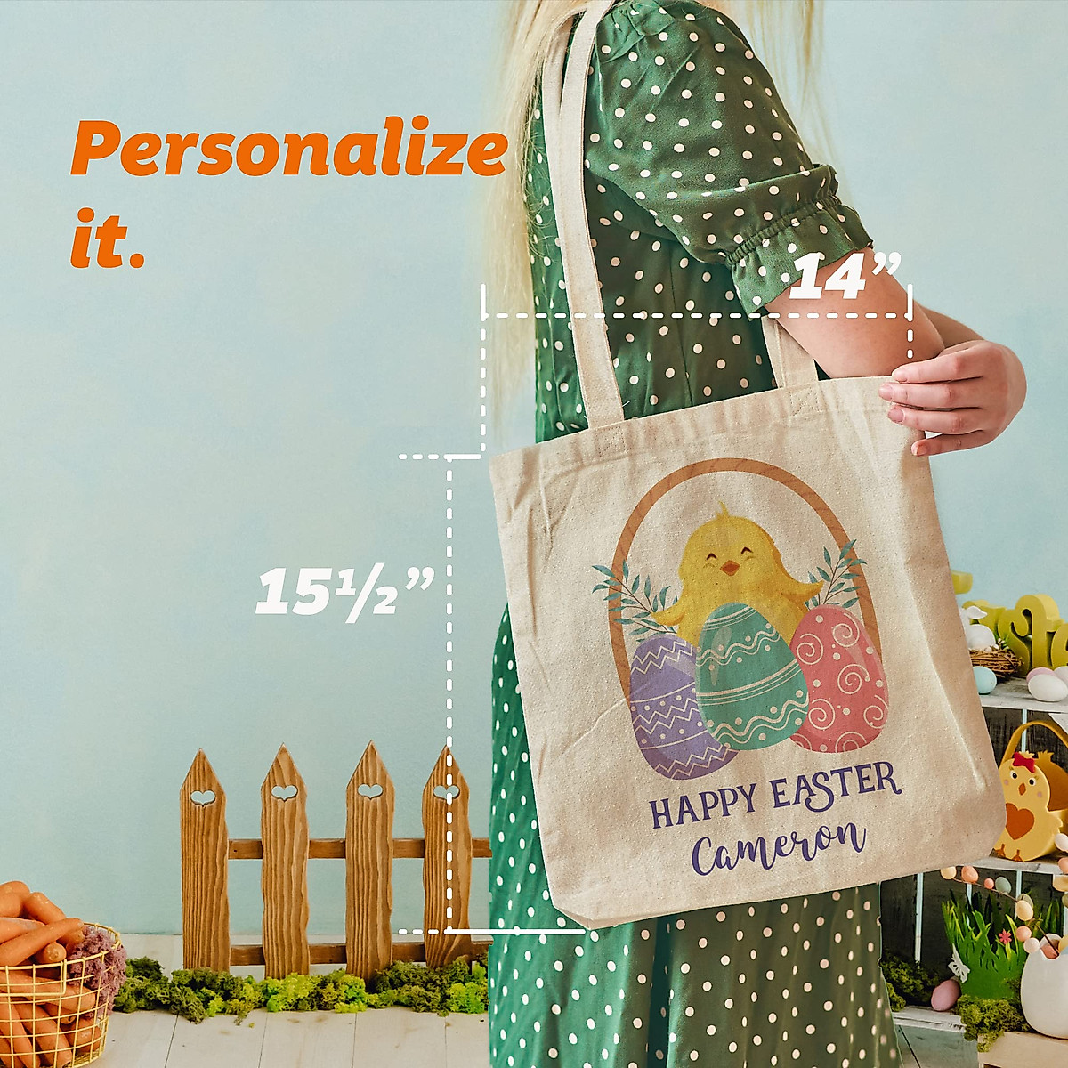 Pattern Pop - Personalized Easter Tote Bag - Sturdy Cotton Blend Canvas Tote - 14” W x 15.25” H - Personalized for You - ‘Happy Easter’ Chick and Easter Eggs
