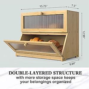LOHASOK Double Layer Bamboo Bread Box for Kitchen Counter-Large Capacity Bread Storage Container Farmhouse Bread Box with Window Bread Holder… (Natural Bamboo)