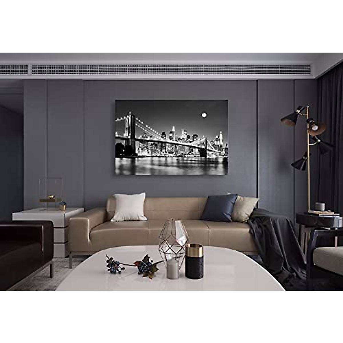 Baisuart-Q30369 Brooklyn Bridge Night View 1 Panels Landscape Artwork Canvas Prints Moon Night New York City Scene Picture Paintings Black and white Wall Art for Oiffce Home Decorations Wall Decor