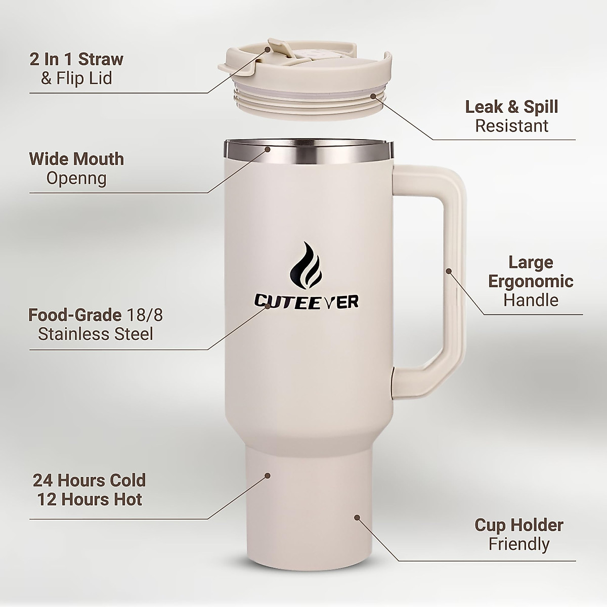 Cuteever Insulated Cup 40 oz Tumbler with Handle and Straw- Stainless Steel Water Bottle - Spill Proof Tumbler with Straw & Tumbler Accessories for Smoothie, Water, Iced Tea, or Coffee - Almond Color.