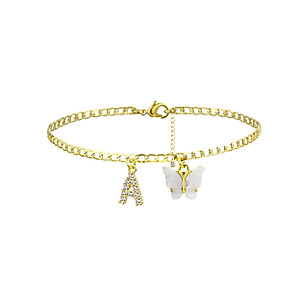 VIROMY 14K Gold Plated Dainty Butterfly Initial Ankle Bracelets Handmade Cuban Chain White Butterfly A Alphabet Letter Initial Anklets Personalized Summer Beach Jewelry Gifts for Women A
