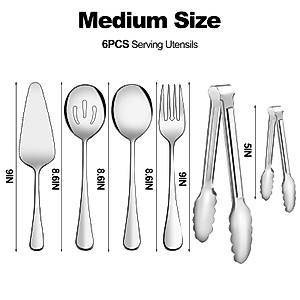 Serving Utensils, XEVOM 6-Piece Stainless Steel Serving Utensil Set Include Serving Spoon, Slotted Serving Spoon, Serving Fork,Serving Tong, Appetizers Tong,Pie Server (Silver)