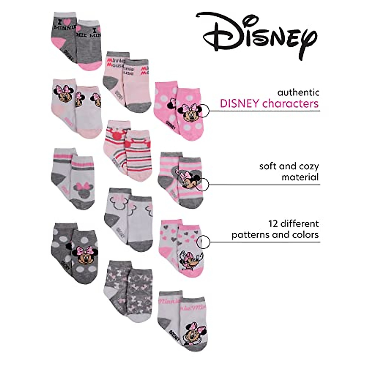 Disney Baby Girls Socks - 12 Pack Soft Newborn Baby Socks Character Prints - Cute Newborn and Infant Socks, 0-24M, Size 12-24 Months, Minnie Mouse Pink/Grey