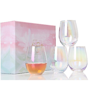 BEEADOYA Wine Glasses - Large Red Wine or White Wine Glass Set of 4 - Wine Gifts for Women, Birthday,Christmas - 17oz Stemless Wine Glass, Iridescent Glass Set of 4