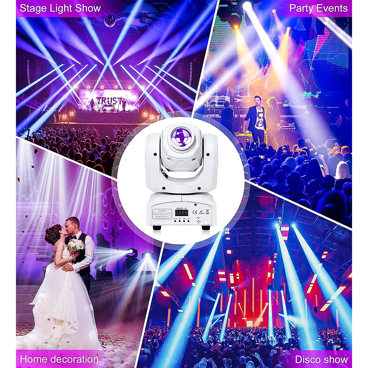 U`King 60W Moving Head Lights, White Moving LED DJ Lights RGBW Stage Light with Remote 8 GOBO 8 Pattern Spotlight by DMX 512 Controlled 9/11 Channel for Church KTV Club Concert Party Wedding