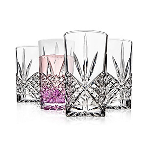 Elegant Crystal Pitcher Drinkware Set with 4 Crystal highball Tumblers, Beautiful Jug with handle and Spout for Chilled Beverage Homemade Juice, Iced Tea or Water