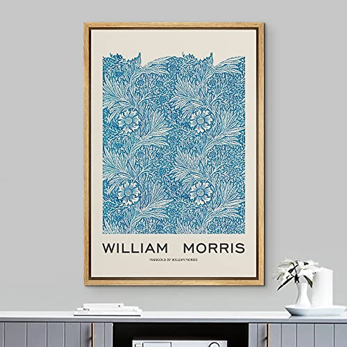 IDEA4WALL Framed Canvas Print Wall Art Blue Marigold Flowers by William Morris Historic Cultural Illustrations Fine Art Traditional Colorful for Living Room, Bedroom, Office - 24"x36" Natural