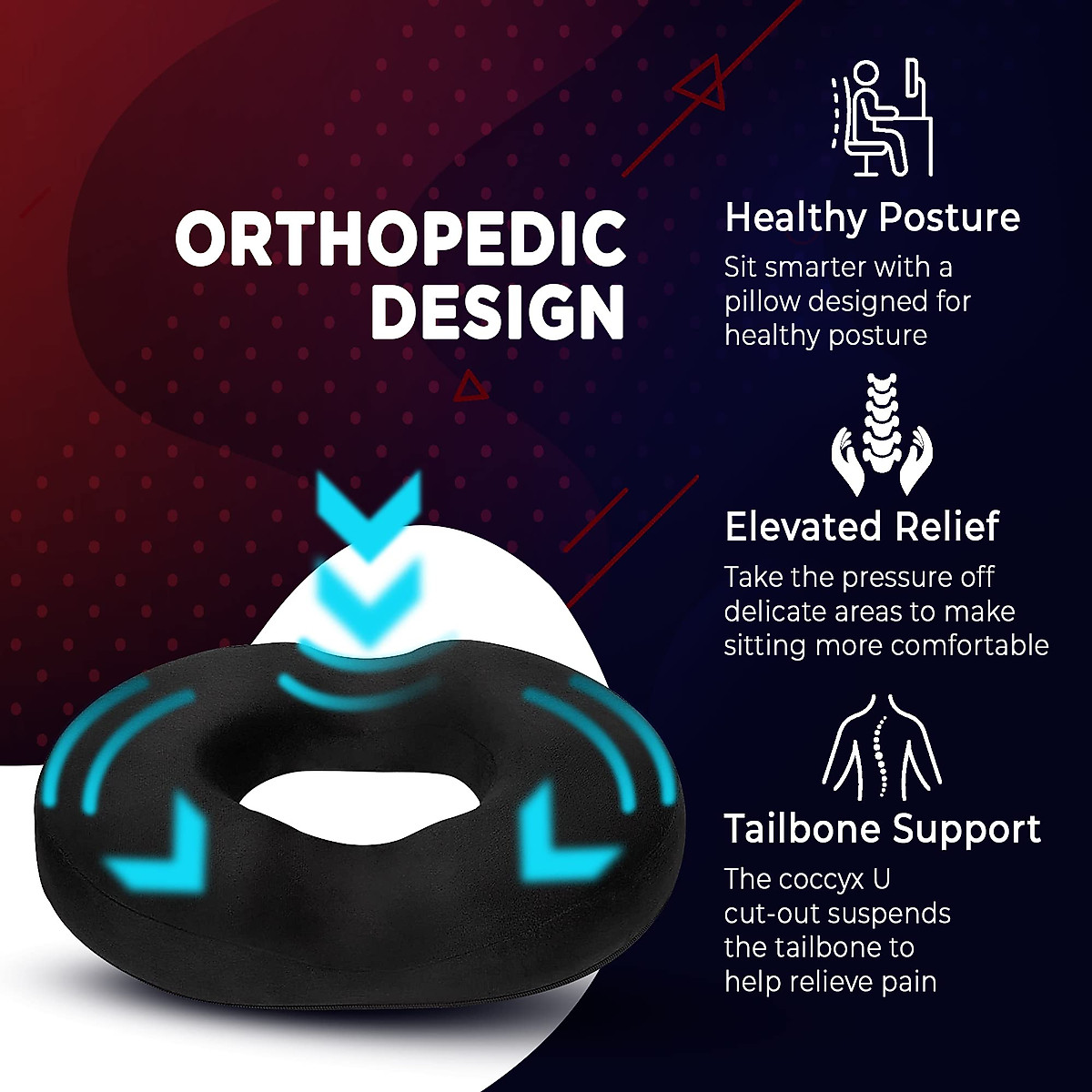 Donut Pillow Seat Cushion Orthopedic Design| Tailbone & Coccyx Memory Foam Pillow | Relieve Pain and Pressure for Hemorrhoid, Pregnancy Post Natal, Surgery, Sciatica (Black)