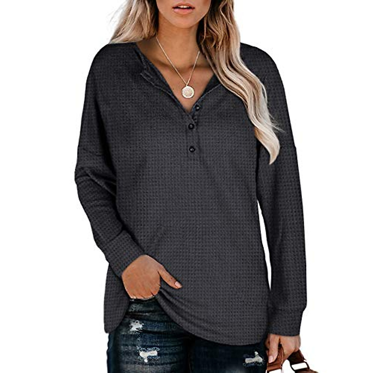 Glanzition Tops for Women Long Sleeve Casual V Neck Plain Loose Fit Sweaters Grey L