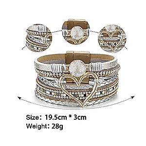 Fesciory Leopard Bracelet for Women, Boho Leather Wrap Multi-Layer Pearl Crystal Bracelet Bangle Jewelry (B33:Heart Leather(Silver))