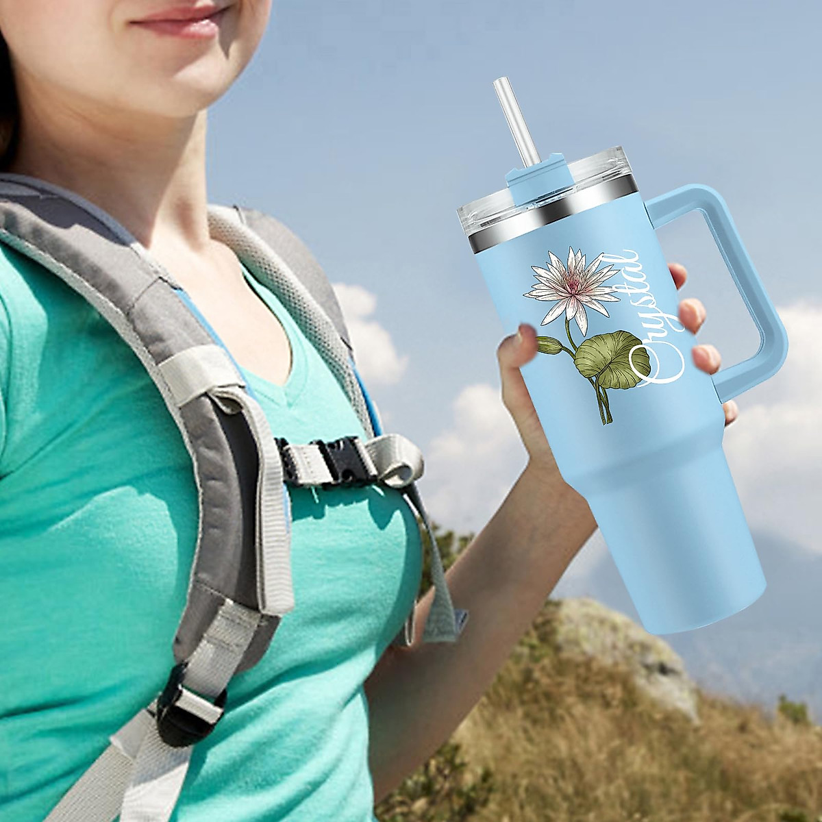 Personalized Tumbler with Handle Straw Custom Insulated Tumblers with Name Birth Flowers Customized 40 oz Stainless Steel Travel Cup Gifts for Women Men Birthdays Christmas Anniversary