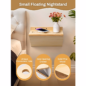 Sivapleso Floating Nightstand Set of 2, Natural Solid Wood Floating Bedside Tables Small Wall Mounted Nightstand Hanging for Bedroom