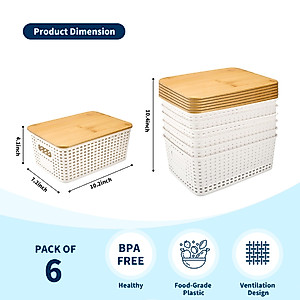 Plastic Storage Baskets with Lid - Plastic Storage Containers Stackable Storage bins: Storage Baskets for Organizing Shelves Drawers Desktop Closet Playroom Classroom Office (BAMBOO LID, WHITE)