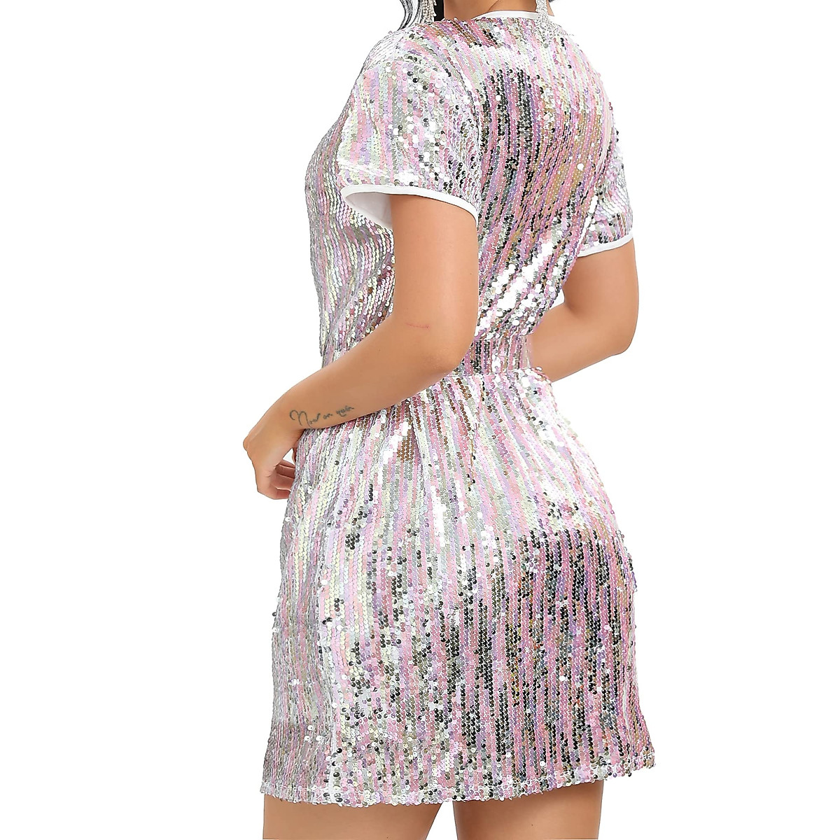 Sequin Dresses for Women Field Day Rainbow Sequin Festival Dress Short Sleeved Tshirt Dress (M, Rainbow)