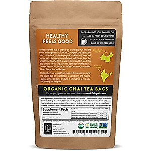 Organic Chai Tea Bags | 100 Tea Bags | Blend of Chinese Keemun Tea, Indian Assam Tea, Cinnamon, Cardamom, Cloves, Ginger, Black Pepper | Eco-Conscious Tea Bags in Kraft Bag | Blended in USA | by FGO