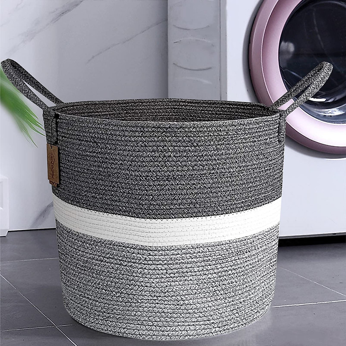 Laundry Hamper with Handles FULOOPHI Cotton Rope Woven Basket for Delicates Large Mesh Clothes Hamper for Washing Machine Pillows Towels Socks Shoes Kids Toys Trainers Travel Bedrooms Light Grey