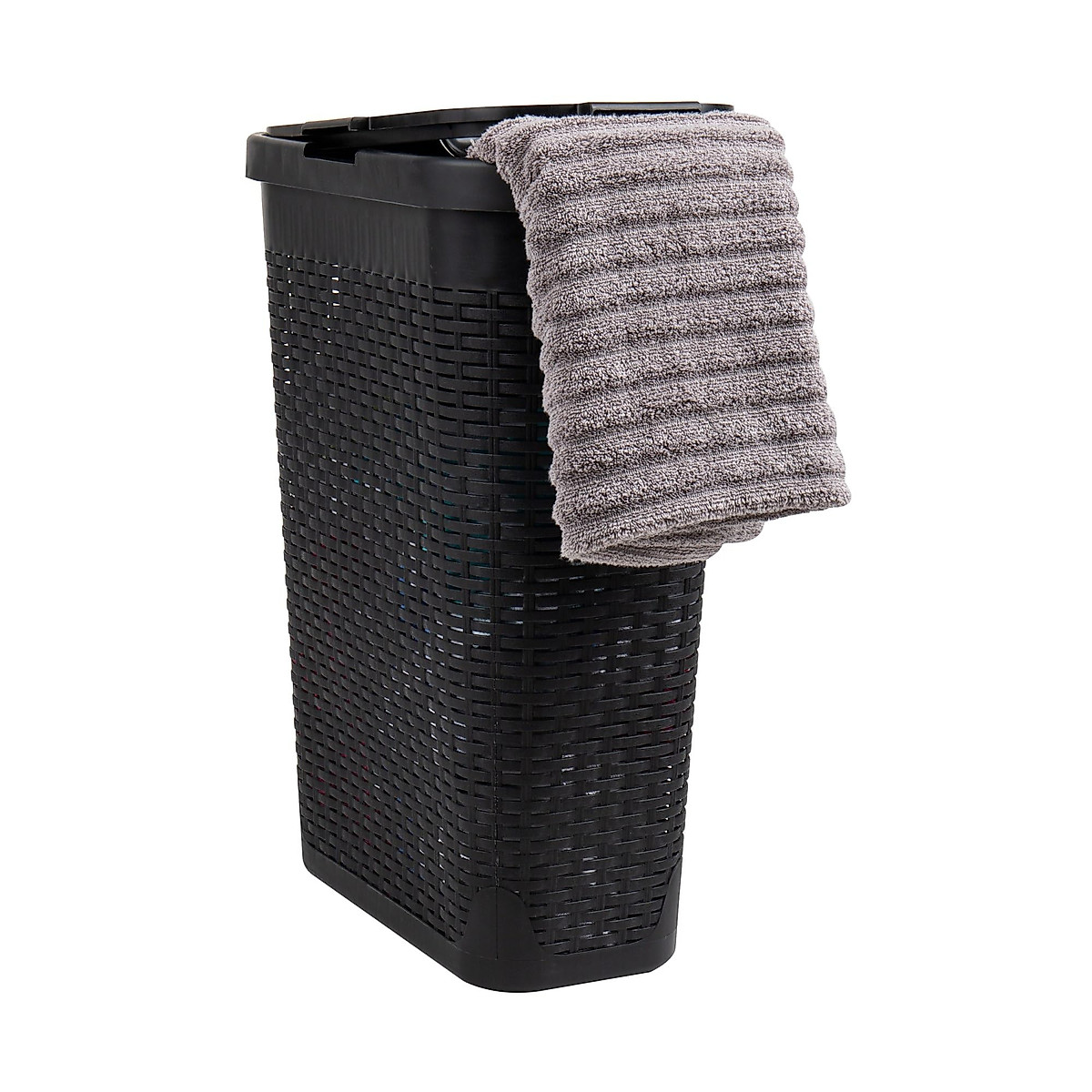 Mind Reader 40L Slim Laundry Hamper, Clothes Basket, Lid, Wicker Design, Plastic, 18"L x 10.4"W x 23.5"H, Black