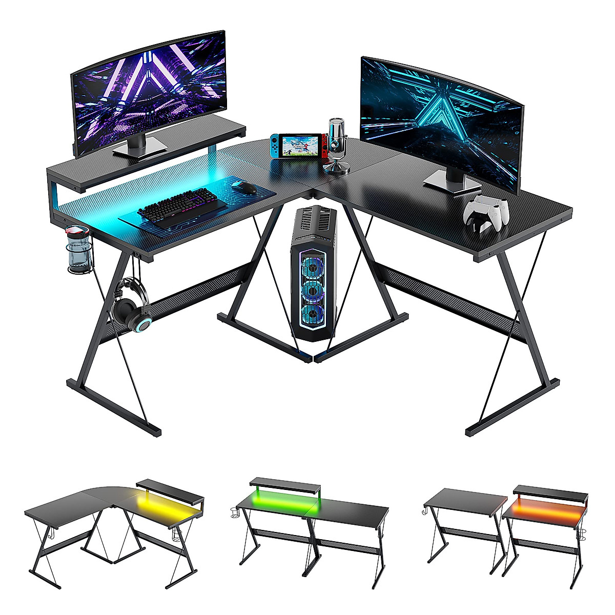 Bestier 55 Inch L Shaped Gaming Computer Desk with LED RGB Modern Corner PC Laptop Desk Study Student Table Workstation Home Office Desk with Large Elevated Shelf, Red