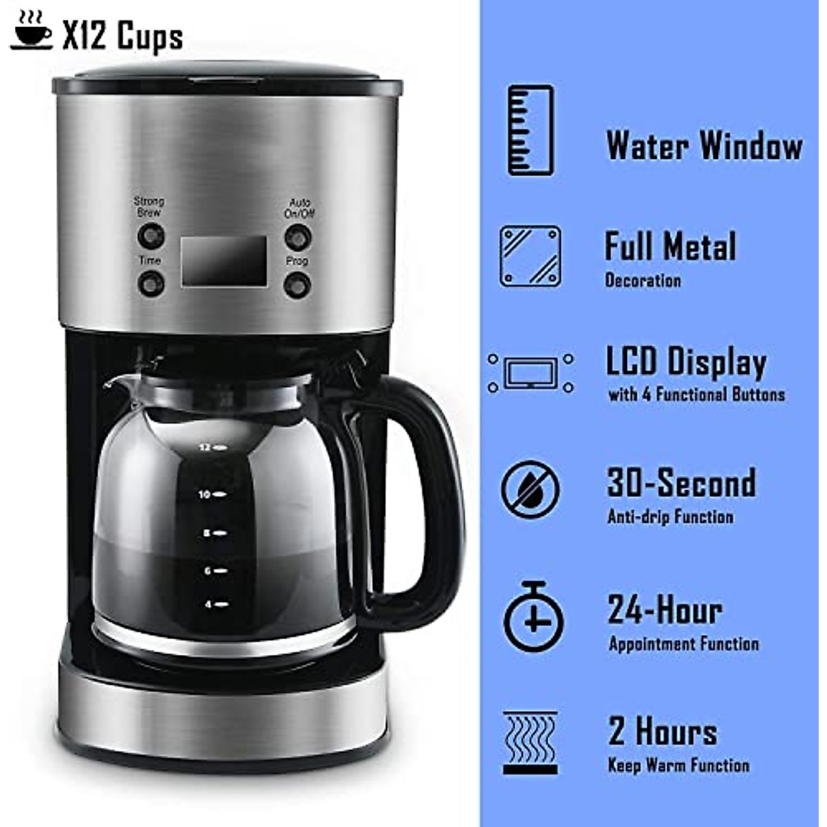 Drip Coffee Maker 12 Cup, Programmable Coffeemaker, Auto Shut-off Coffee Machine, 2 Hours Keep Warm Glass Coffee Pot, Grab-a-cup, LCD Display, Removable Filter,Stainless Steel, 1000W(Silver)