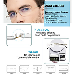 OCCI CHIARI Gold Blue Light Reading Glasses for Men Titanium Frameless Readers 2.0X Lightweight(1.0 1.25 1.5 1.75 2.0 2.25 2.5 2.75 3.0 3.5 4.0 5.0 6.0)