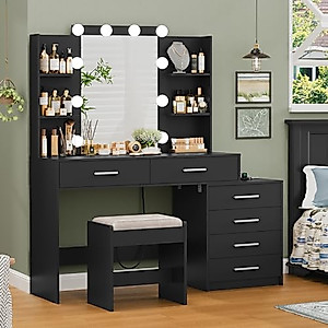 Quimoo 48" Large Vanity Desk with Mirror and Lights, Makeup Vanity with 6 Drawers, Power Outlet, Vanity Makeup Mirror Desk Table Set with 4 Storage Shelves & Stool, Best Gift for Women Girls,Black