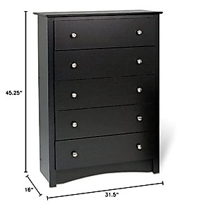 Prepac Sonoma 5-Drawer Chest for Bedroom, 16" D x 31.5" W x 45.25" H, Black