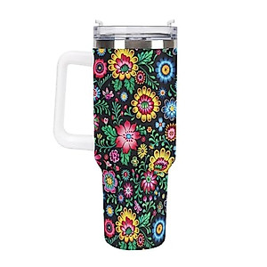 Polish Folk Art Floral Pattern 40OZ Tumbler Stainless Steel Travel Mug Water Bottle Car Cup Tea Cups with Lid White-style