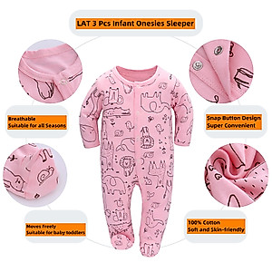 LAT 3 Pcs Infant Girls Boys Footie Onesies Sleeper Newborn Cotton Sleepwear Outfits (Orange fox + Raindrops, S (56cm))