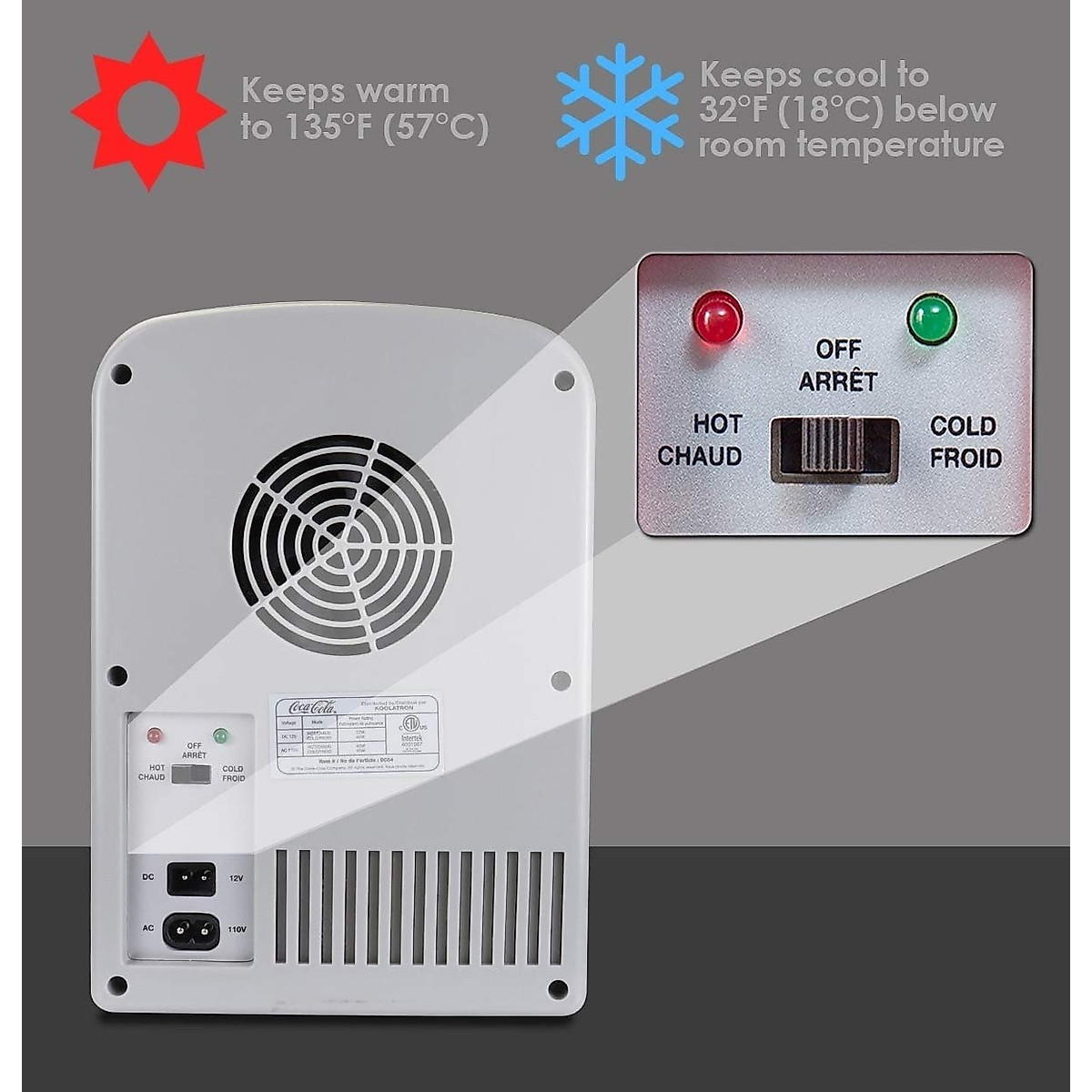 Coca-Cola Diet Coke 4L Mini Fridge Cooler/Warmer 12V DC 110V AC 6 Can Portable Personal Travel Refrigerator for Snacks Drinks Cosmetics Desk Home Office Dorm Gray with Iconic Design & Chrome Accents