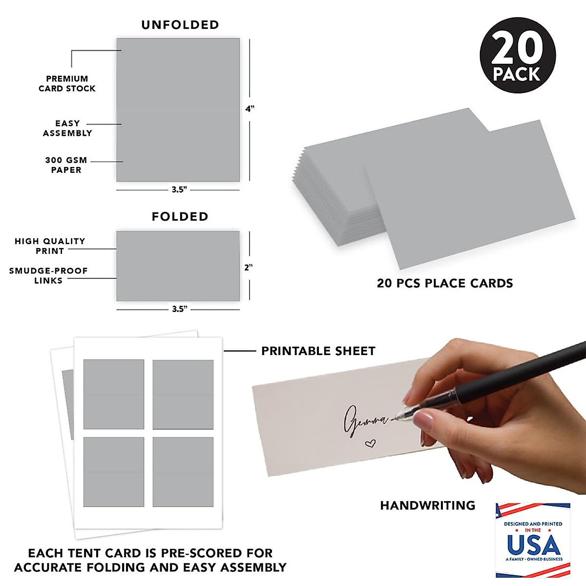 Andaz Press Table Tent Printable Place Cards, Gray 20-Pack, Seat Placement Cards Blank Place Cards Table Settings Name Cards for Baby Bridal Wedding, School Graduation Food Cards Grey Place Cards