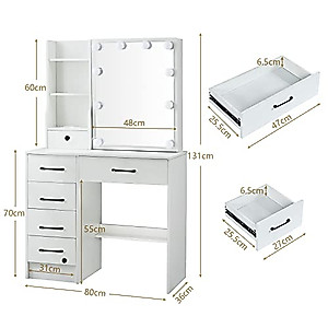 White Vanity with Sliding Mirror, 10PCS Hollywood Bulbs 3 Lighting Modes Vanity Desk with 6 Storage Drawers, Dressing Table Set with 6 Display Shelves for Girls.