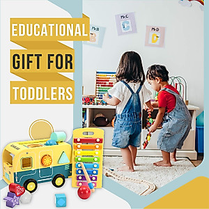 Leo & Friends School Bus Pound and Tap Bus Bench - Wooden Toy Bus with Slide Out Xylophone, Durable Musical Pounding Toy, 8 Colorful Blocks, 1 Hammer, and 1 Rainbow Xylophone, Perfect Educational Gift